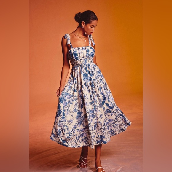 Dresses | White And Blue Floral Fit And Flare Dress | Poshmark